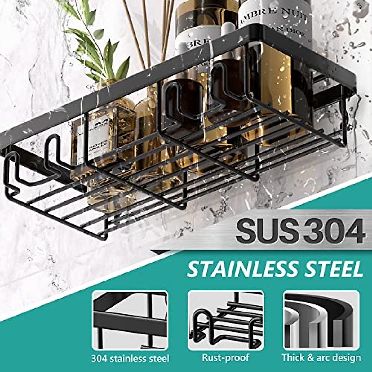 Cusbus Shower Caddy, 3 Pack Shower Organizer, Adhesive No Drilling Traceless Shower Shelves, Rustproof SUS304 Stainless Steel Bathroom Shower Shelf for Inside Shower & Kitchen Storage (Matte Black)