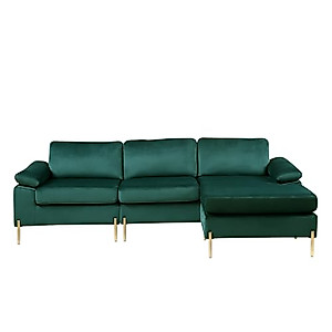 Devion Furniture 101" W Modern Design Velvet Sectional Sofa with Spacious Chaise, Cushioned Arms & Metal Legs in Green & Gold Finish