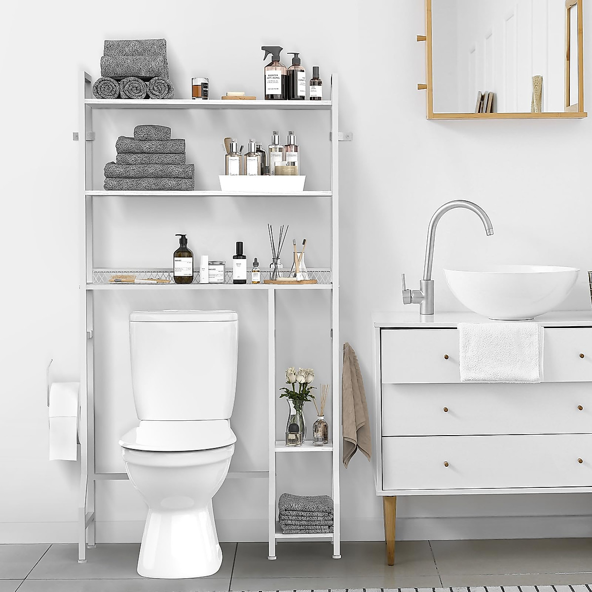 NOVIMANGO Over The Toilet Organizer White, Bathroom Space Saver Over Toilet, 5-Tier Bathroom Over Toilet Storage, Above Toilet Stand with 4 Hooks for Restroom, Laundry