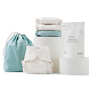 Esembly Cloth Diaper Try-It Kit, Starter Gift Set, Includes 3 Organic, Reusable Diapers Inners, 1 Stylish Outer, Patented Detergent & Wet Bag - Earth-Friendly Diapering, Mist, Size 1 (7-18lbs)