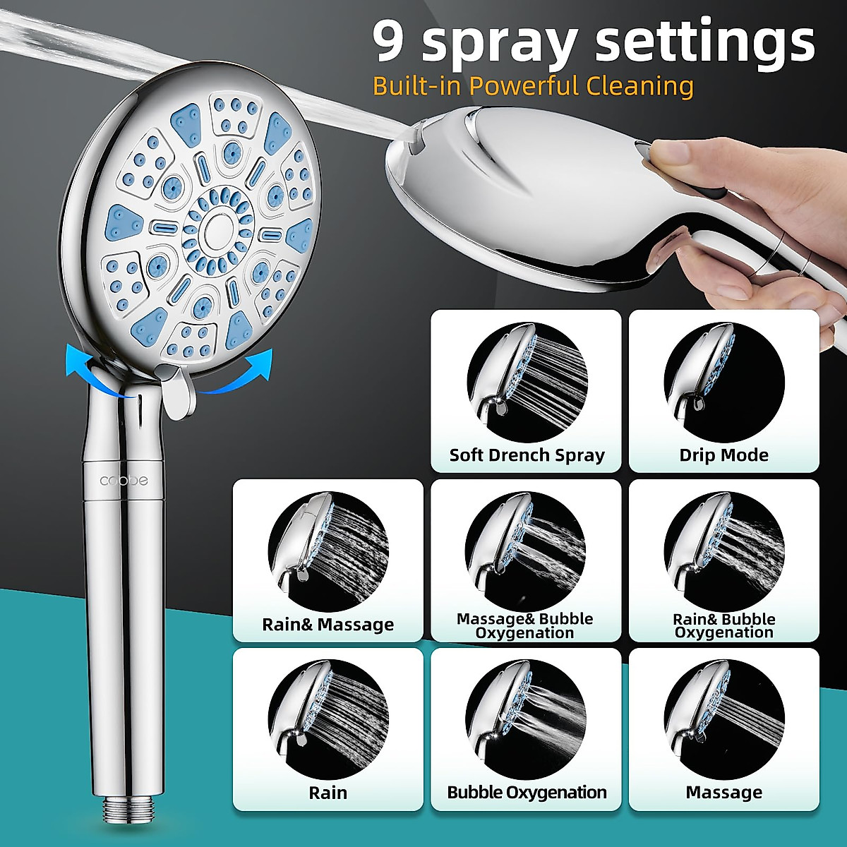 Cobbe 12 Inch All Metal 3-Way Rain Shower Head, High Pressure Shower Head, Dual Shower Heads with Handheld Spray Combo - Upgrade Extension Arm Height Adjustable - 9 Spray Filtered Shower Head, Chrome