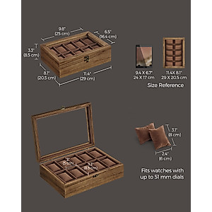 SONGMICS Watch Box, 10-Slot Watch Case, Solid Wood Watch Box Organizer with Glass Lid, Watch Display Case with Removable Pillows, Gift for Loved Ones, Rustic Walnut UJOW100K01