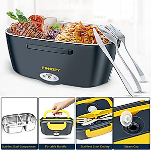 Electric Lunch Box, 60W Food Warmer, Heated Lunch Boxes for Adults, Heating Lunch Box for Work, Support 12V/24V/110V for Truck/Car/Work/Home, 304 Stainless Steel Container, Fork/Spoon/Knives, 1.5 L