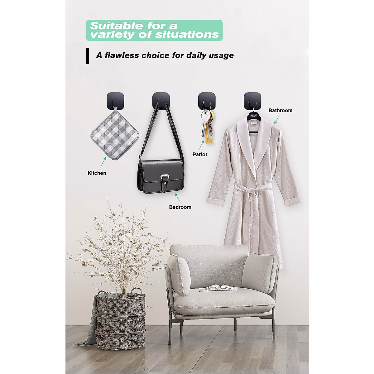 Aikzik Adhesive Hooks - 4 Pack Towel Wall Hooks for Bathrooms, Stainless Steel Waterproof Shower Sticky Hooks for Hanging, Matte Black