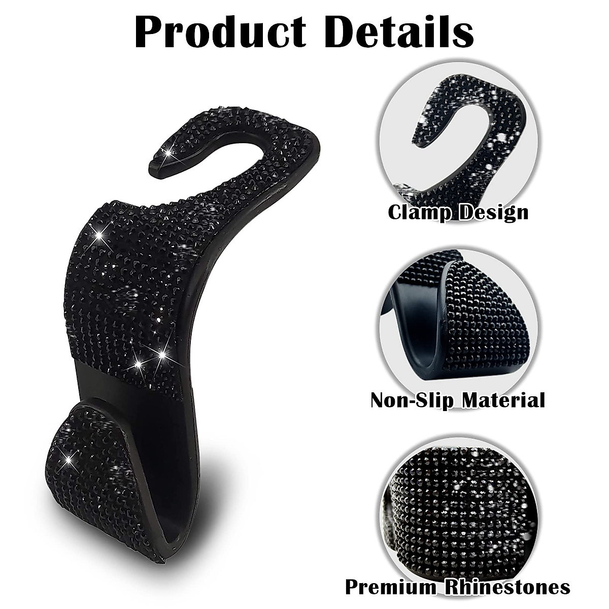 OSIFIT 2PCS Car Seat Hooks - Bling Rhinestone Headrest Hooks with Universal Design - Perfect for Holding Handbags, Clothes, Purses, and Water Bottles - Black
