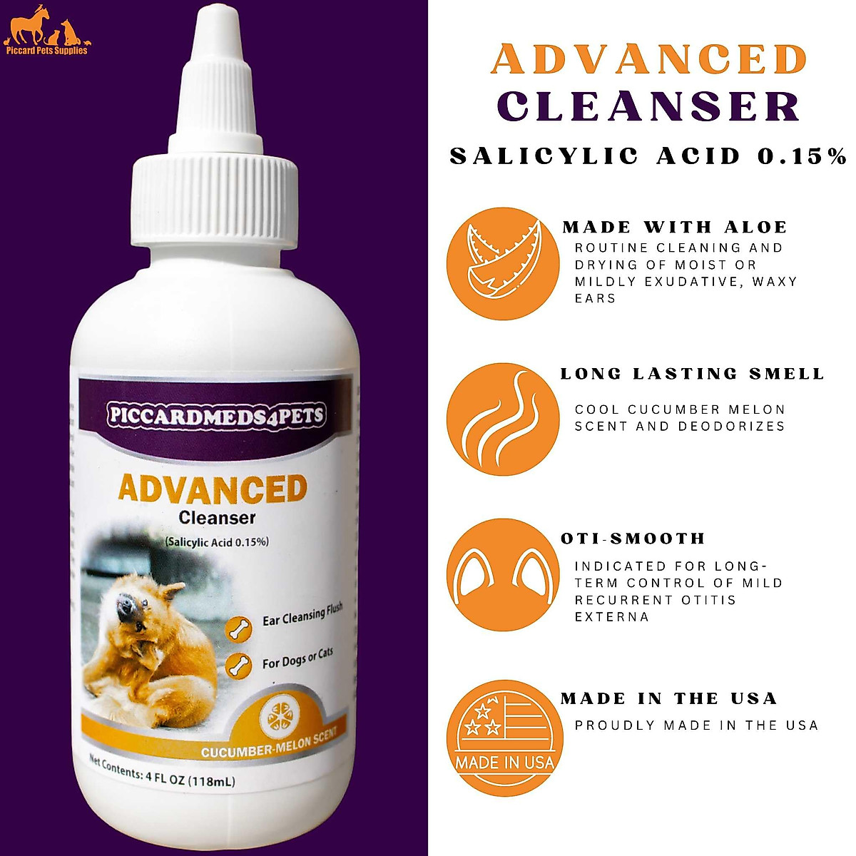 PICCARDMEDS4PETS Advanced Ear Cleansing Solution Flush Salicylic Acid + Aloe 4oz.
