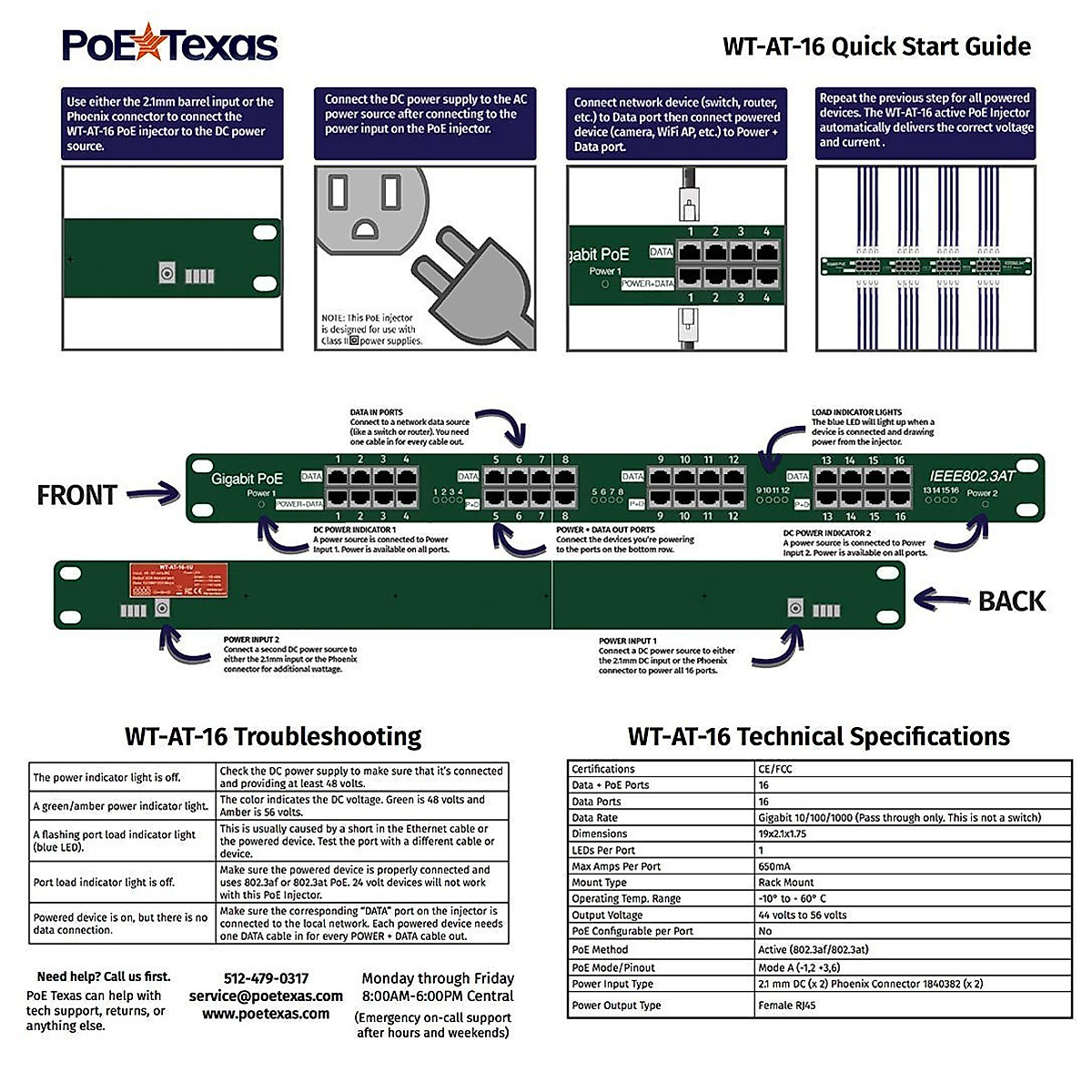 PoE Texas 16 Port 802.3at Gigabit On-Demand PoE Injector with Two 56V 120W Power Supplies for PoE Cameras, IP Phones, WiFi Access Points and More