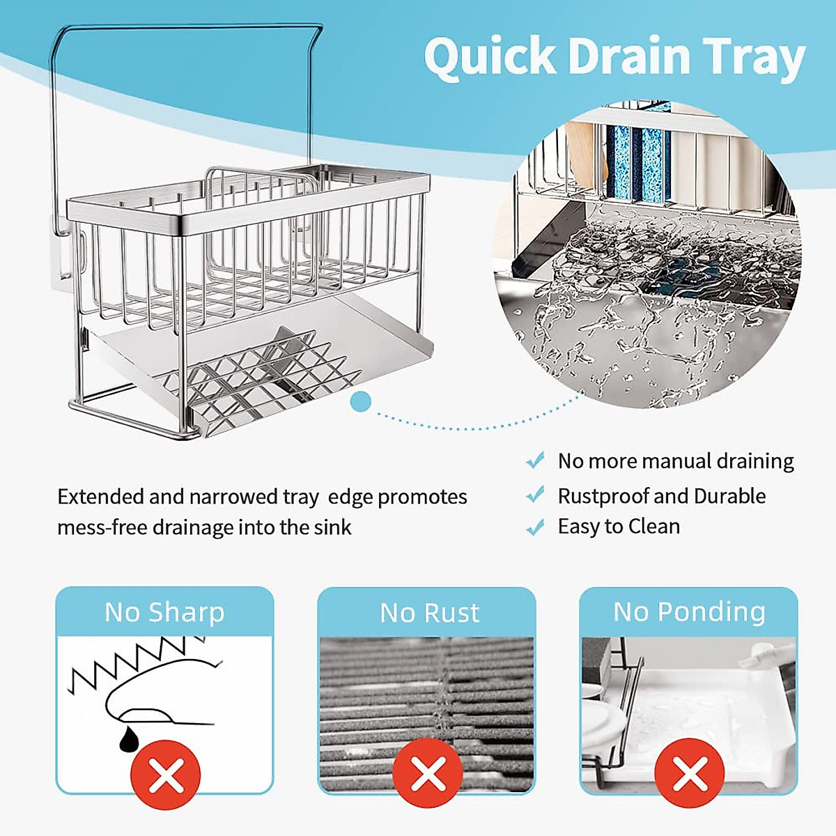 iBigLY Sponge Holder Kitchen Sink Caddy Organizer, 304 Stainless Steel Kitchen Soap Dispenser Caddy Organizer with Auto Drain Tray, Sink Rack for Kitchen & Bathroom Holding Sponge and Towel (Silver)