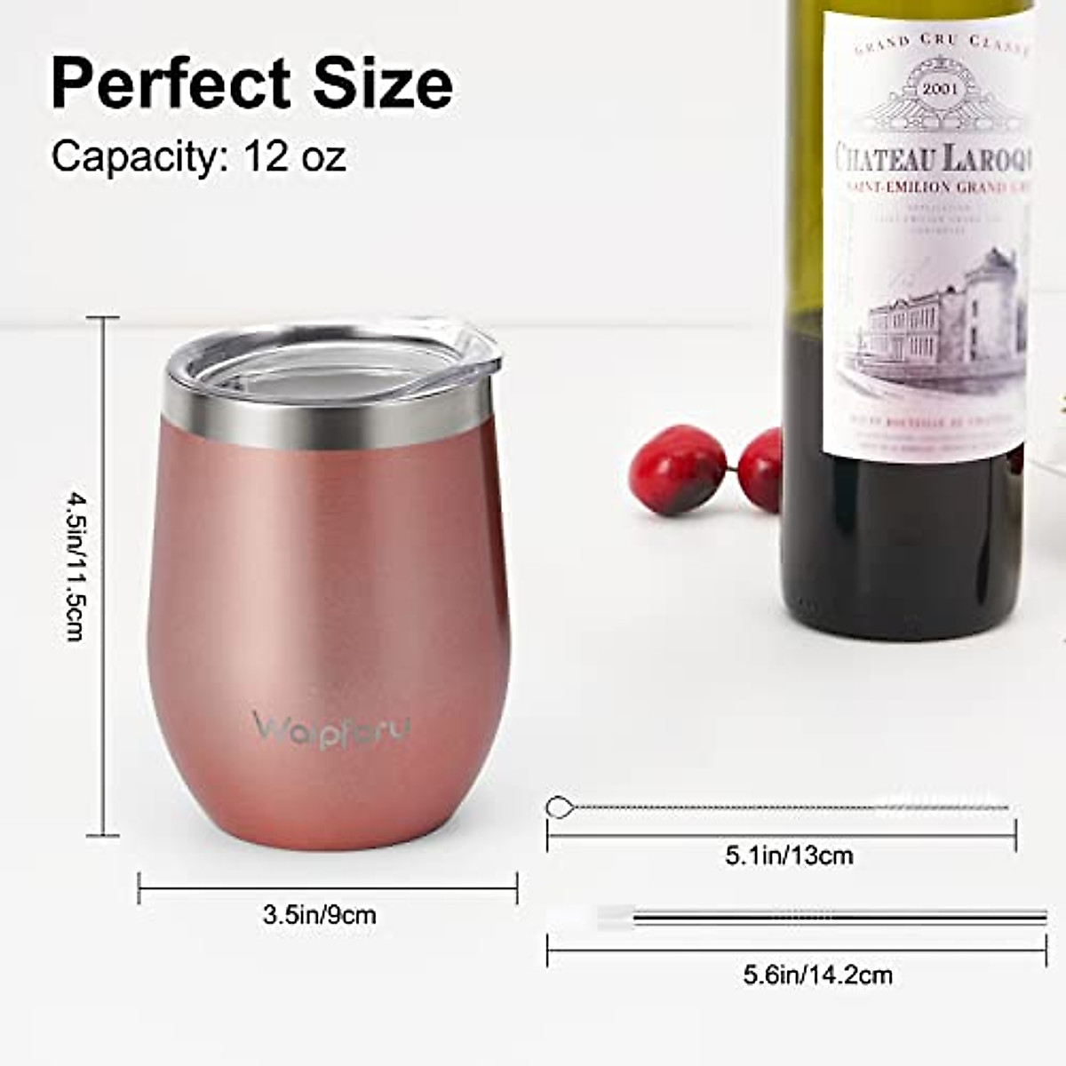 Waipfaru Wine Tumbler, 12 Oz Insulated Wine Tumbler With Lid and Straw, Stainless Steel Stemless Cup, Double Wall Vacuum Wine Tumbler for Wine Coffee Cocktails, Travel & outdoors (Rose Gold)