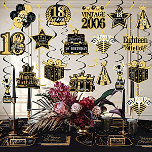 42PCS Black and Gold 18th Birthday Hanging Swirls Decorations for Boys Girls, Happy 18th Birthday Streamers Party Decorations, Vintage 2006 Eighteen Birthday Ceiling Decorations Hanging Whirls