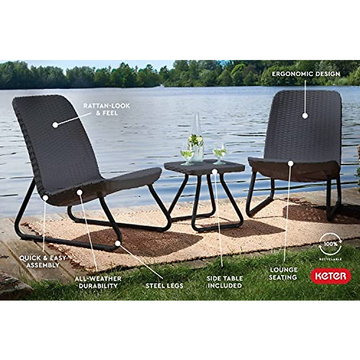 Keter Resin Wicker Patio Furniture Set with Side Table and Outdoor Chairs, Dark Grey