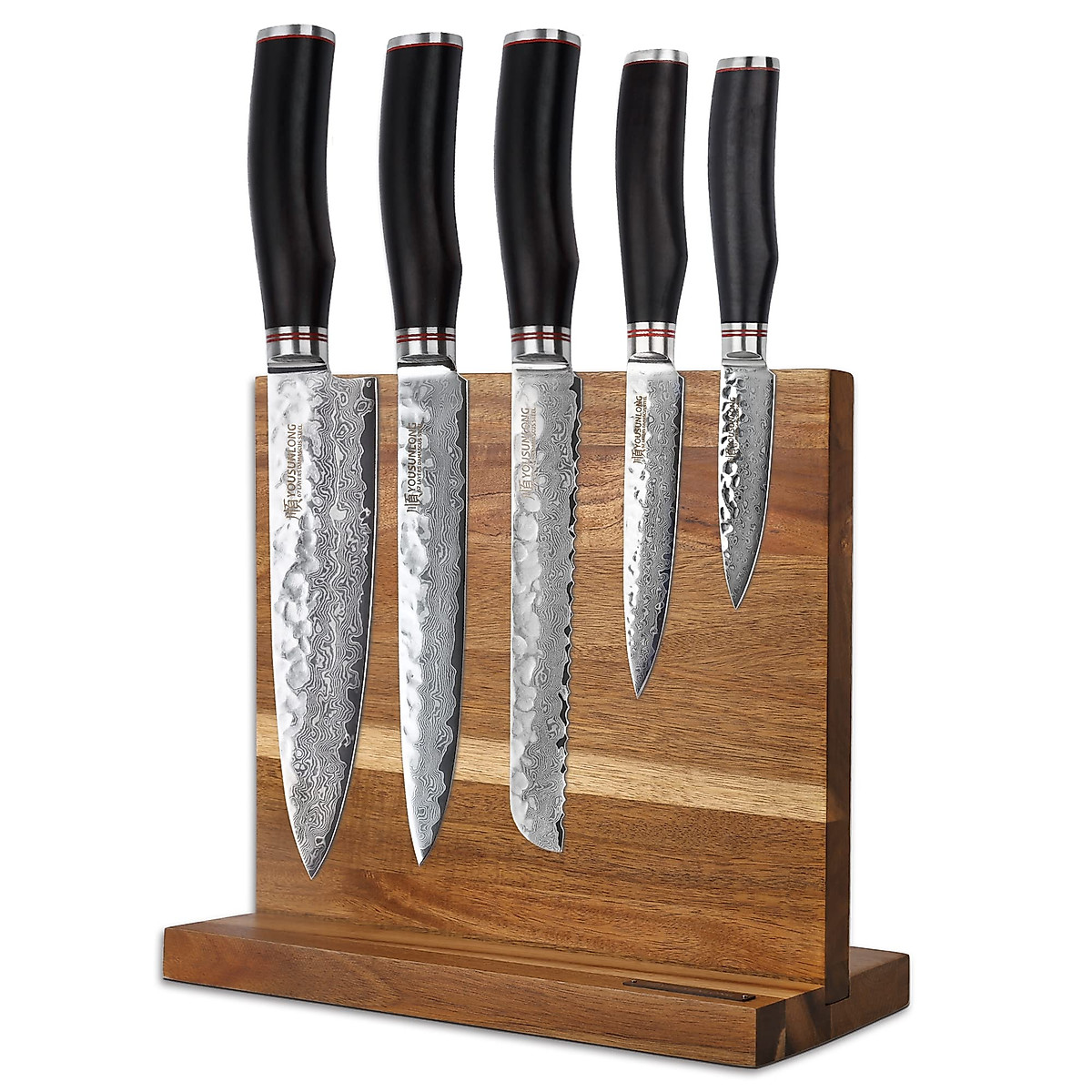 YOUSUNLONG Knife Set Block - 5pcs Kitchen Knives Set with Natural Acacia wood Holder - Japanese Hammered Damascus Steel Blade - Natural Ebony Handle with Gift Box