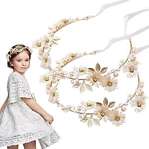 Auswalar 2 PCS Daisy Pearl Flower Vine Rhinestones Headband, Flower Headband Floral Hair Wreath Headpiece for Bridal Women Girls Hippie Wedding Party