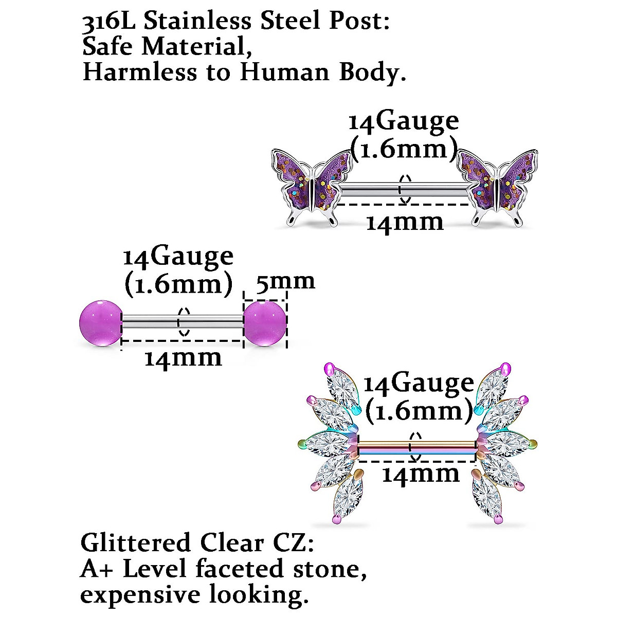 Kadogohno Nipple Rings for Women Nipple Piercing Jewelry 14G Green Rainbow Butterfly Nipple Rings Surgical Steel Screw Nipplerings Nipple Shield Ring Barbell Body Piercing Jewelry Set 9/16 Inch 14mm