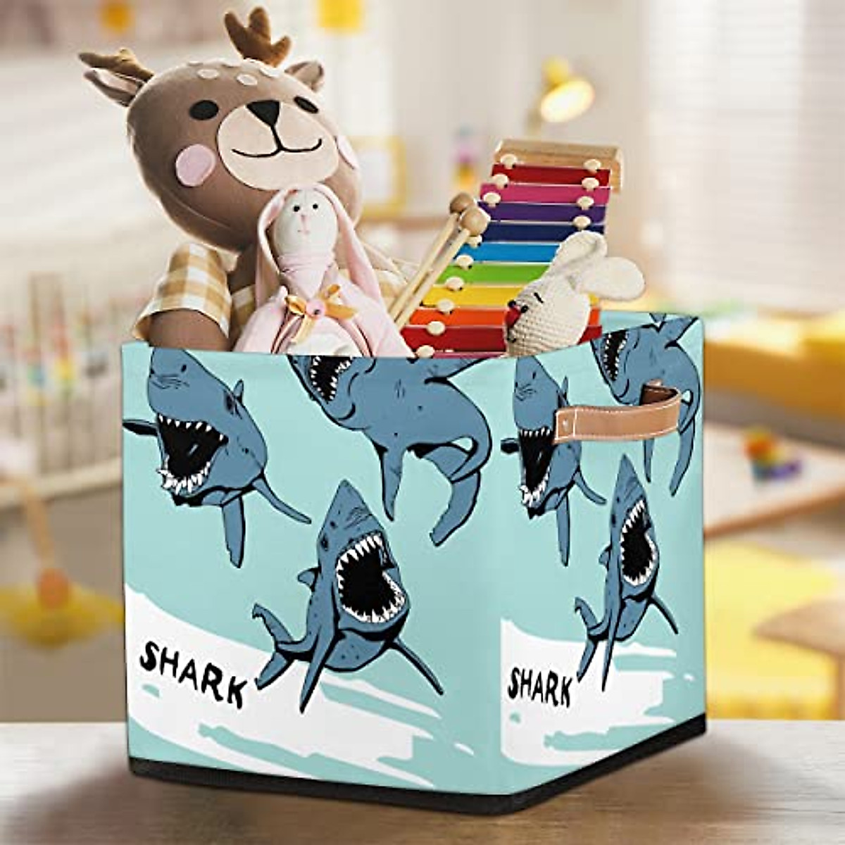 Shark Large Collapsible Storage Bins,Ocean Animal Decorative Canvas Fabric Storage Boxes Organizer with Handles,Cube Square Baskets Bin for Home Shelves Closet Nursery Gifts