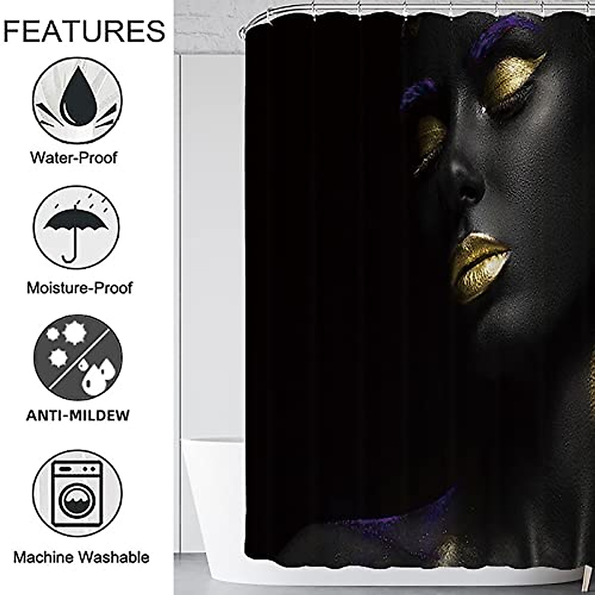 NEWSUYAA 4 Sets Black Woman Shower Curtain Sets with Bath Rugs Set,Sexy African American Afro Sexy Women Waterproof Tub Curtains Rug Mats Toilet Seat Cover Hooks,Black and Gold 71 Inch Bathroom Decor