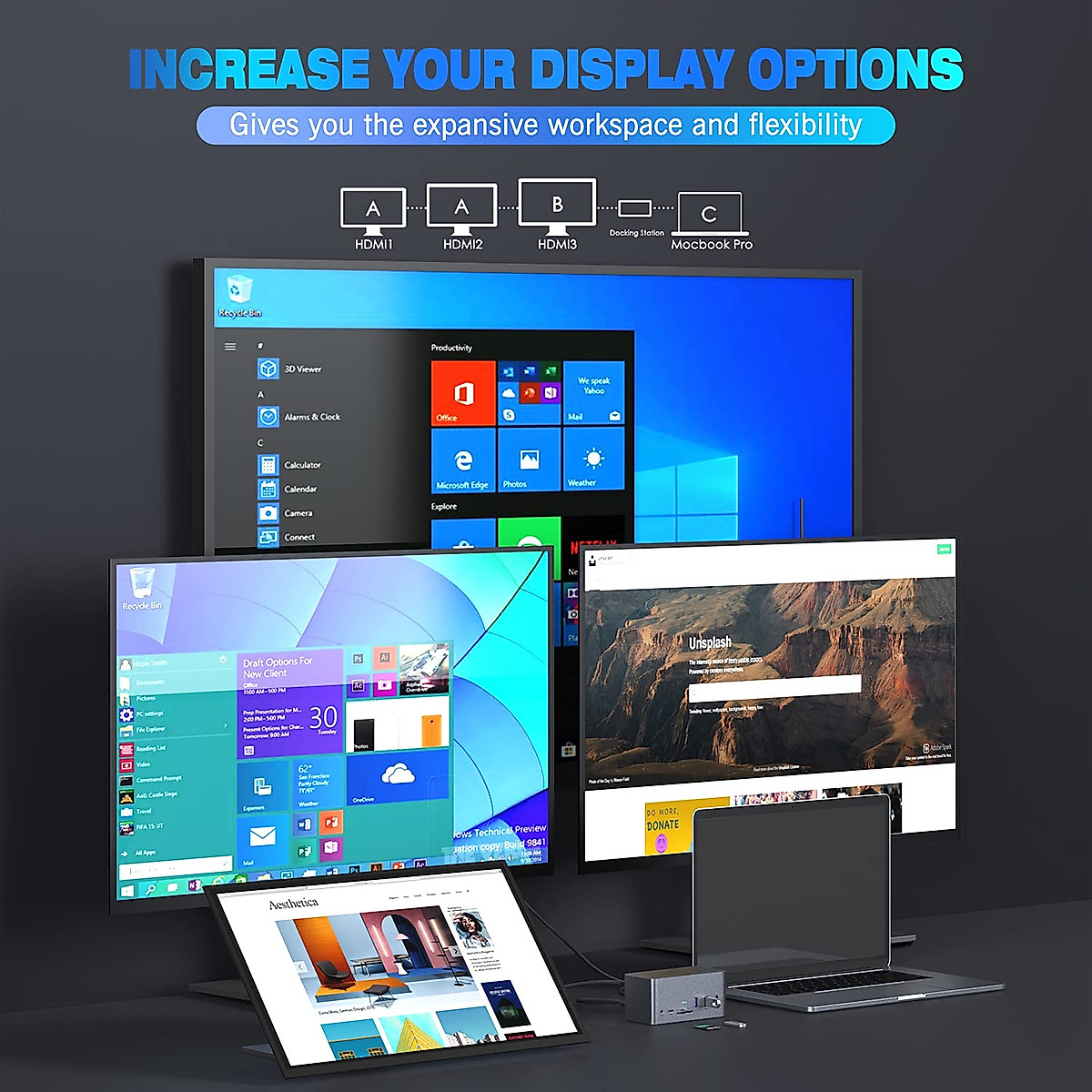 USB C Docking Station,18 in 1 Quadruple Display Docking Station with 4K HDMI+SSD Enclosure+DP Display+Ethernet+USB+SD for MacBook Pro/Air, Surface Pro 7, Dell XPS 13, More Thunderbolt 3 Laptops