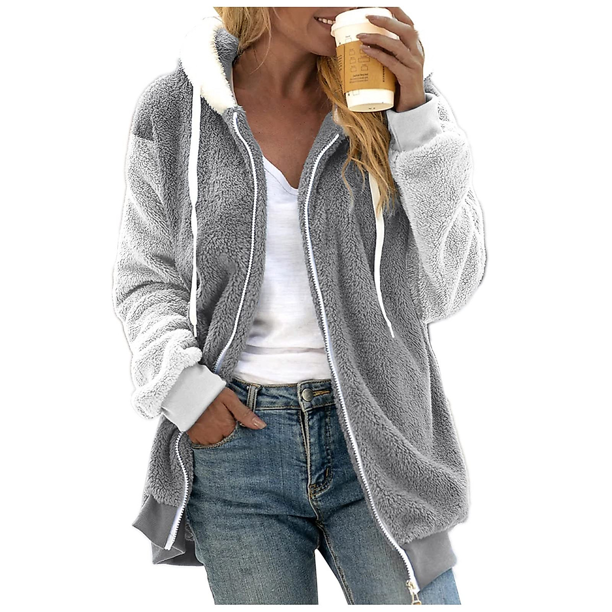 Oversized Fuzzy Fleece Jackets For Women Fashion 2023 Color Block Faux Fur Cardigan Coat Shaggy Warm Winter Outerwear womens coats and jackets Gray L