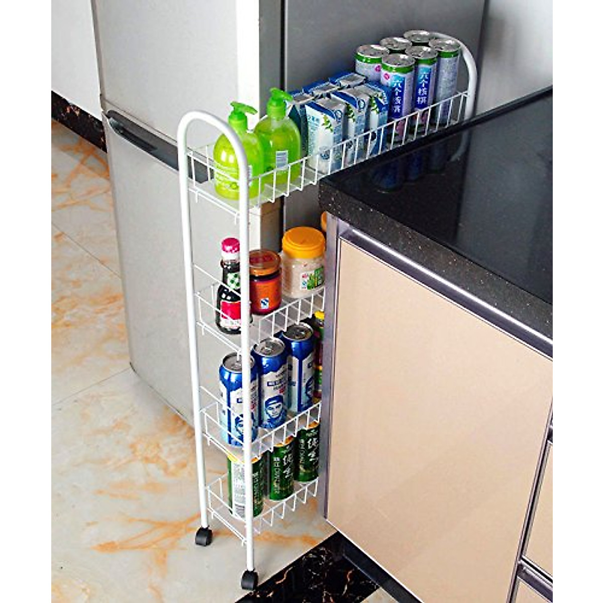 OKOKMALL US--Kitchen Storage Cart Slim Fridge Slide Tower Rack Shelf 4-Tiers with Wheels