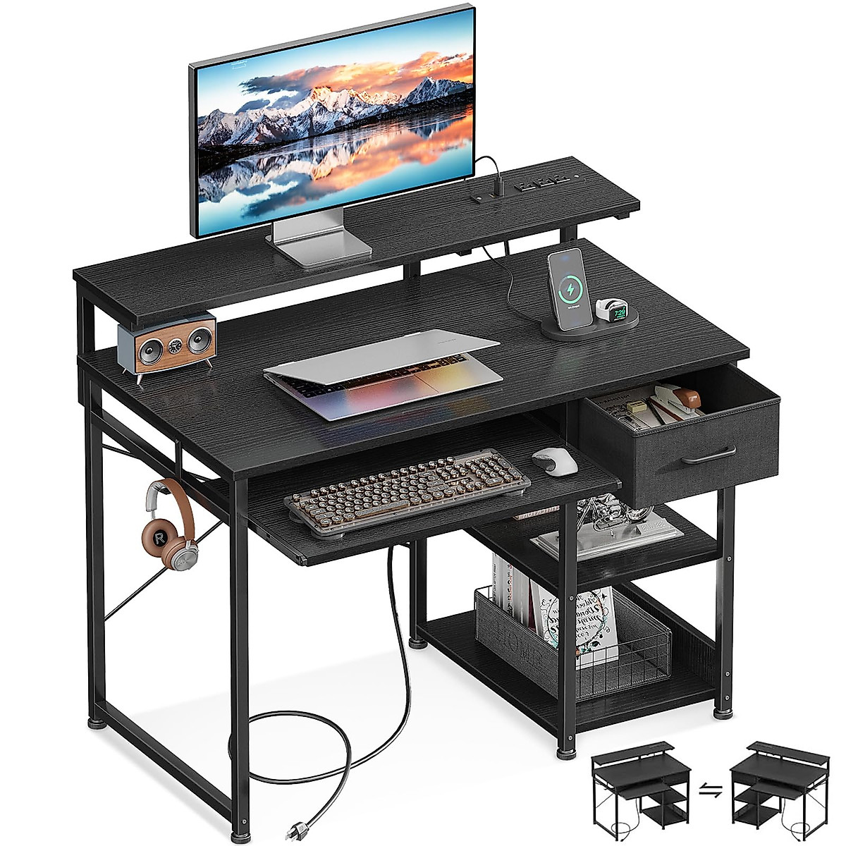 AODK Small Computer Desk with Keyboard Tray, 40 Inch Gaming Desk with Power Outlet, Office Desk with Drawer, Reversible Desk with Adjustable Monitor Shelf and Storage Shelf for Home Office, Black