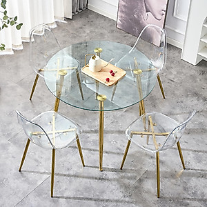 Gold Round Glass Dining Table Set for 4, Modern Kitchen Table and Chairs Set of 4, A Circle Small Round Dining Room Table and Clear Acrylic Chairs juego de comedor de 4 sillas y mesa