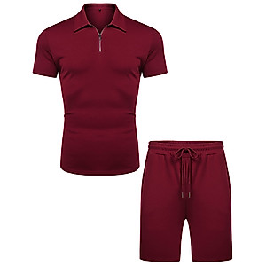 URRU Men's Classic Short Sleeve Polo Shirt Sets Zipper Casual Slim Fit Cotton Tracksuit Wine Red M