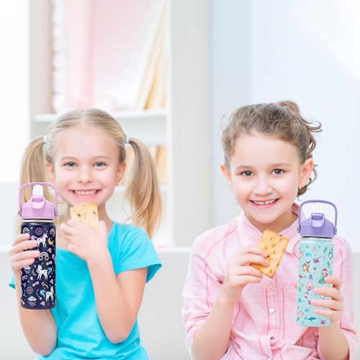 ACESAK 18oz Kids Insulated Water Bottle with Straw Lid - 18/8 Stainless Steel Kid Cup Travel Tumbler Double Wall Vacuum Leak Proof Portable Toddler Water Bottle (Unicorn + Mermaid)