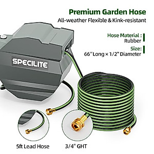 SPECILITE Retractable Heavy Duty Garden Hose Reel, 1/2" X 66 + 5 FT 2 Year Anti-Fading Wall Mounted Hose Reel, Smooth Automatic Rewind, 9 Pattern Sprayer, 180° Swival Bracket, Any Length Lock