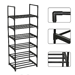 DazHom 6-Tier Shoe Rack, Shoe Storage Organizer Metal for Closet, Stackable Shoe Racks Tower, Space Saving Sturdy Organizer Shoe Shelf for Closet Entryway, Hallway, Living Room, 12-18 Pairs, Black