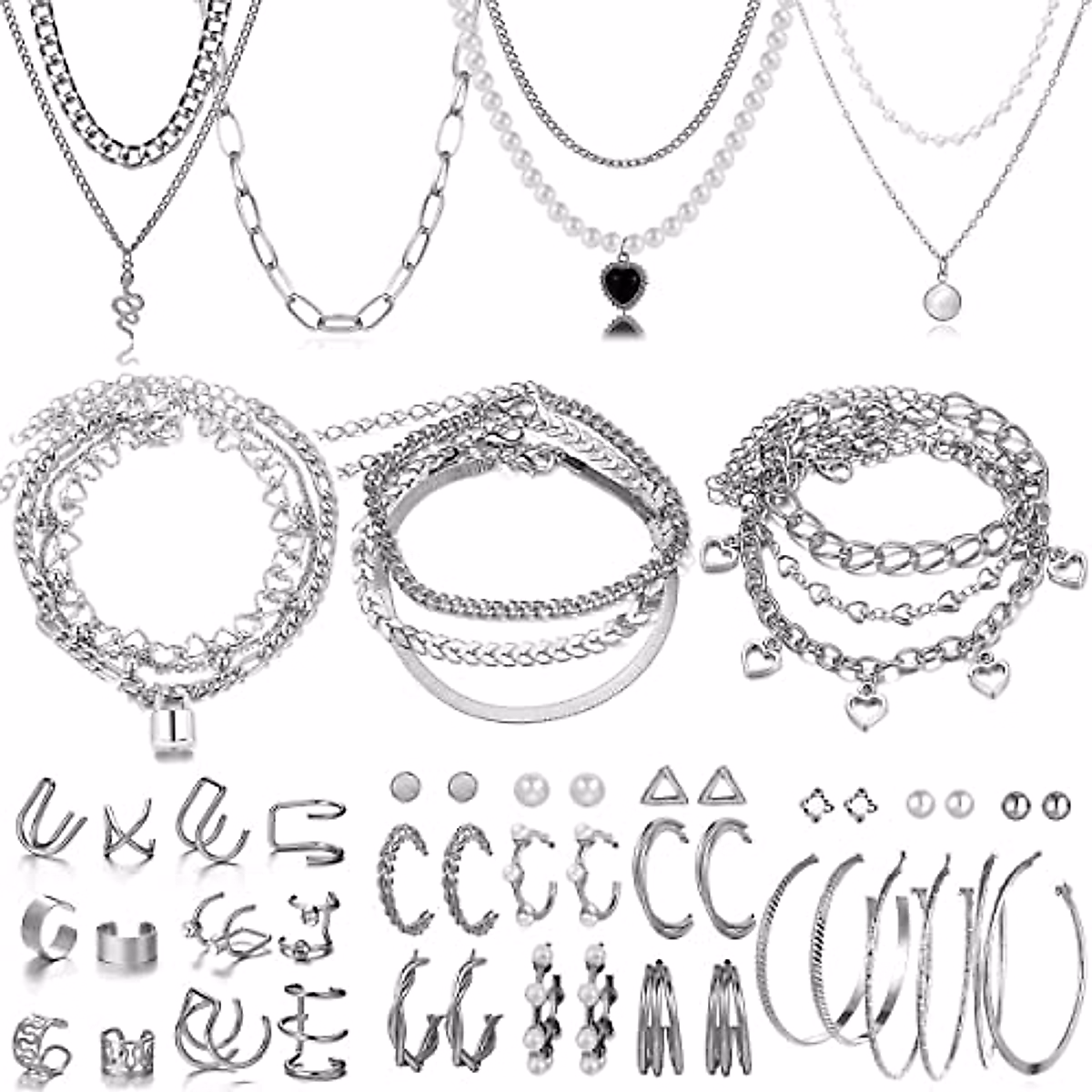 CONGYING 46 Pcs Gold Jewelry Set with 11Pcs Necklace, 11 Pcs anklet and 18 Pcs Earring Ear Cuff,6Hoop Earrings for Women Girls, Fashion Indie Costume Jewerly Pack for Anniversary Christmas Party Gift