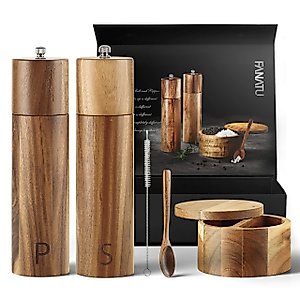 Wooden Salt and Pepper Grinder Set - Premium Set Includes Salt and Pepper Mill/Box with Swivel Lid, Spoon & Cleaner Tool - Perfect Salt and Pepper Shakers Gift (8 inch)