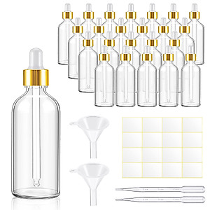 Tessco 20 Pack Dropper Bottles 3.4 oz Empty Glass Bottles with Dropper Top Cap, 4 Plastic Eye Droppers Measured Pipettes, 4 Funnels, 2 Sheets Label Stickers for Oils Perfume(Amber)