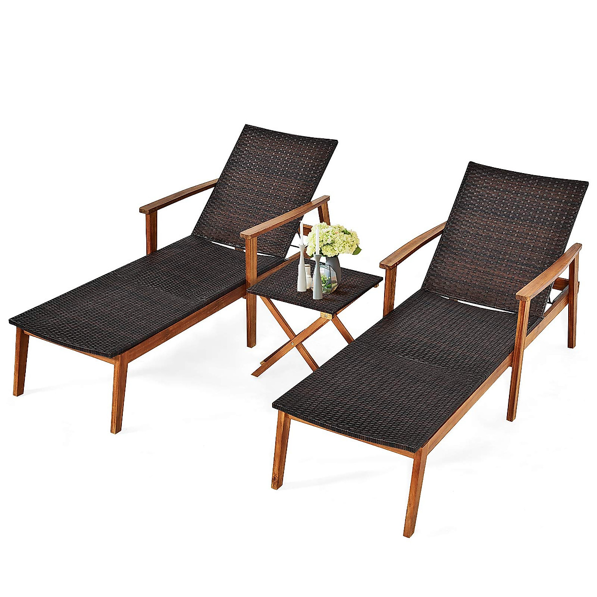 Tangkula 3 Pieces Outdoor Chaise Set, Wicker Rattan Lounge Chair w/Acacia Wood Frame, 4 Adjustable Positions Patio Wicker Lounge Set & Foldable Side Table, Suitable for Lawn, Backyard (Mix Brown)