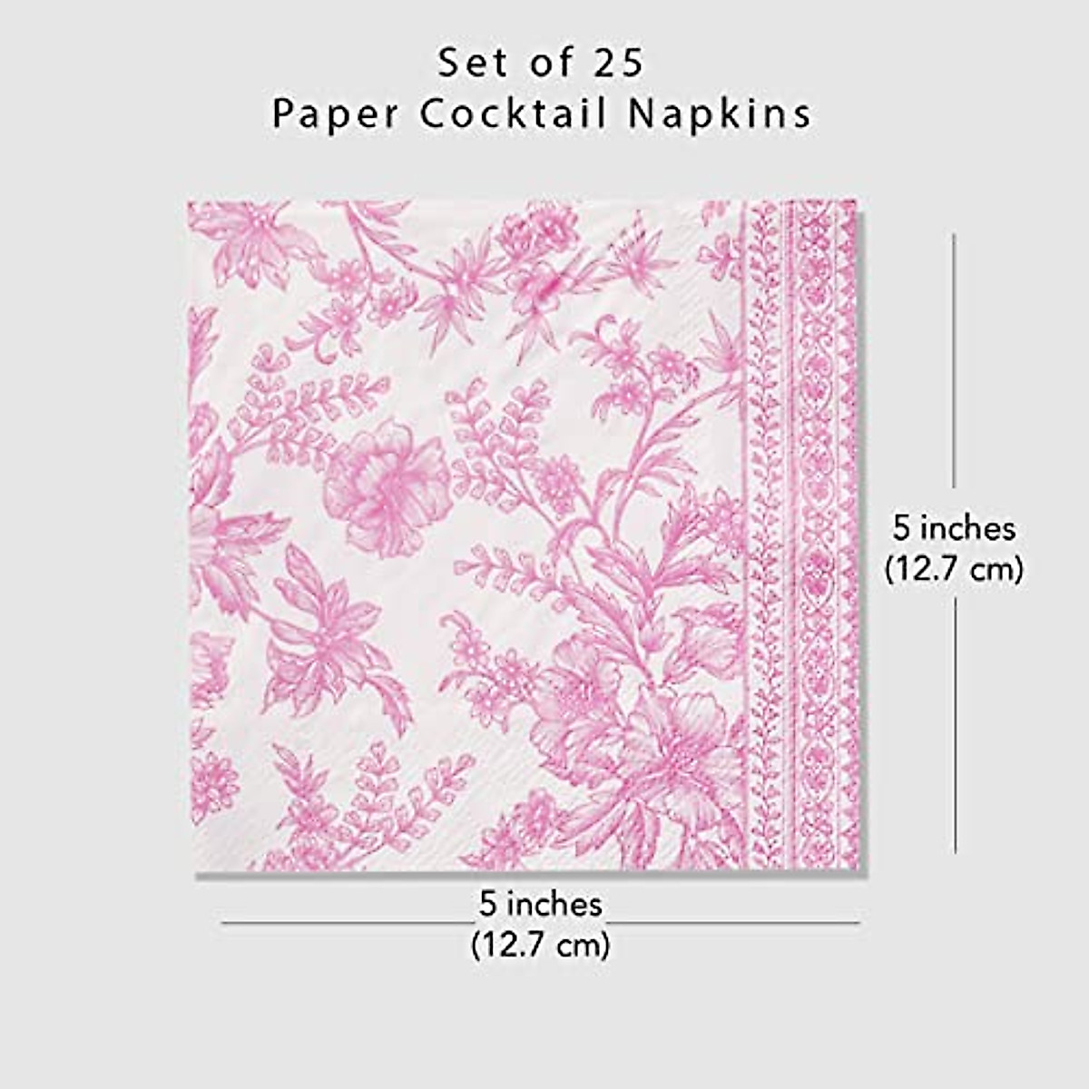 Coterie Pink Floral Paper Cocktail Napkins (Set of 25) | Beautiful Pink and White Toile Paper Napkins For Bridal and Baby Shower, Tea Party, Garden Party, Birthday Party | 5” Fancy Paper Napkins