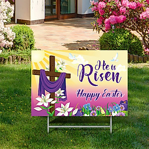 Easter Yard Sign Outdoor Decoration Happy Easter He is Risen Yard Sign Easter Lawn Signs Christian Holiday Party Yard Sign Easter Lawn Stake for Garden Yard Party Decorations Props (Bright Style)
