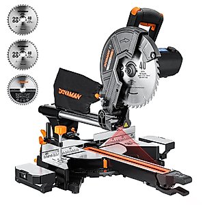 DOVAMAN 10in Sliding Miter Saw, Multi-use w/ 3 Blades, 15A Miter Saw, 4500/3200RPM, Ambidextrous Use, 0-45° Bevel Laser Cut, Max Cut 3.5x13.4in, 9 Positive Stops, for Cutting Wood, PVC or Soft Metal