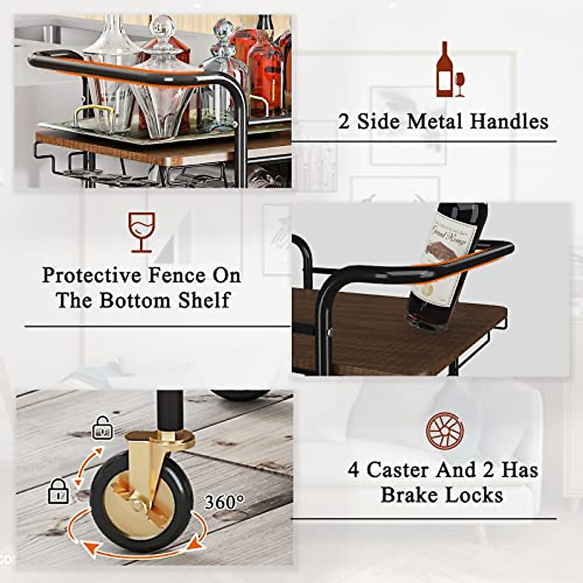 Wisdom Star 2 Tier Bar Cart with Wheels, Serving Cart with Wheels and 2 Handle, Outdoor Bar Cart for The Home with Wine Rack and Glass Holder, Kitchen Serving Cart for Home, Dining Room, Party, Black