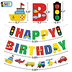 Faisichocalato Transportation Happy Birthday Banner Car Bus Train Plane Ship Helicopter Traffic Light Photo Props Garland for Kids Transportation Theme Birthday Party Decorations Baby Shower Supplies