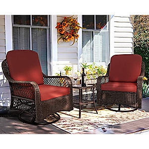 LEISU 3-Pieces Patio Swivel Wicker Bistro Furniture Set with Cushioned Patio Swivel Rocker Swivel Rocking Chairs Set Side Table Outdoor Rattan Conversation Sets (Rust)
