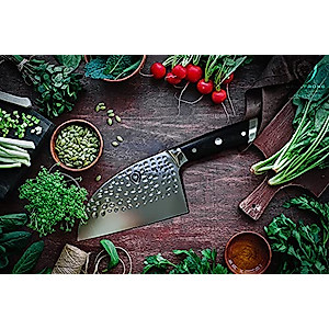 Dalstrong Serbian Chef Knife - 7.5 inch - Gladiator Series Elite - German HC Steel - Meat Cleaver Knife - Hammered Blade Finish - Razor Sharp Kitchen Knife - G10 Handle - w/Sheath - NSF Certified