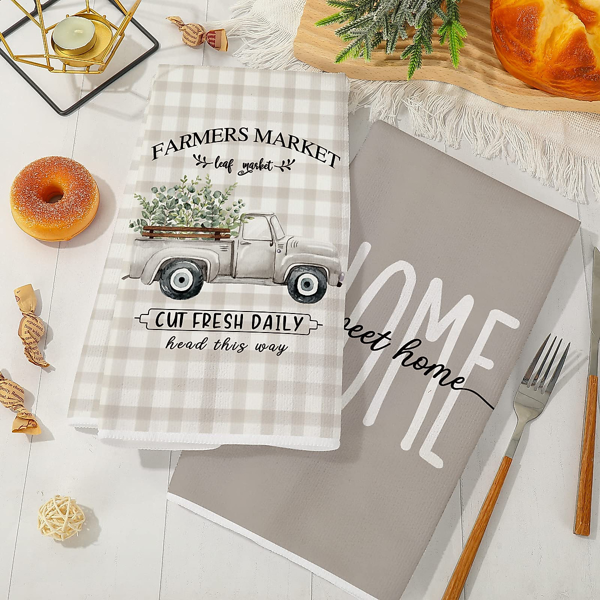 AnyDesign Farmhouse Kitchen Towel Gray Home Sweet Home Dish Towel Buffalo Plaids Truck Eucalyptus Leaves Hand Drying Tea Towel for Home Cooking Baking Cleaning, 18 x 28 Inch, 2Pcs