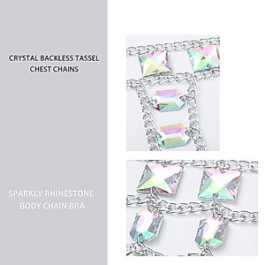 Aiosy Sparkly Rhinestone Body Chain Bra Silver Women Crystal Backless Tassel Chest Chains Bikini Halter Mesh Tops Layered Rave Outfits Jewelry Sexy Harness Body Accessories for Nightclub Festival