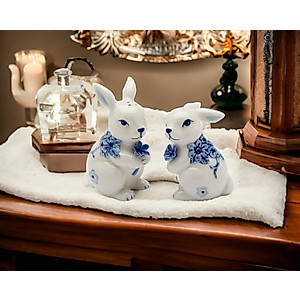 Fine Ceramic Hand Painted Classic Dutch Blue and White Bunny Rabbit Holding Blue Flowers Salt & Pepper Shakers Set, 3-3/8" H