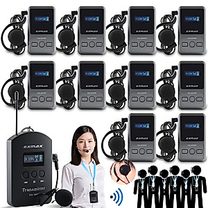 EXMAX EX-200N UHF Wireless Tour Guide Audio Voice Transmission Set Hands-free Transmitter Receiver 200 Channels for Church Translation, Presentation, Silent Conference - 1 Transmitter & 10 Receivers