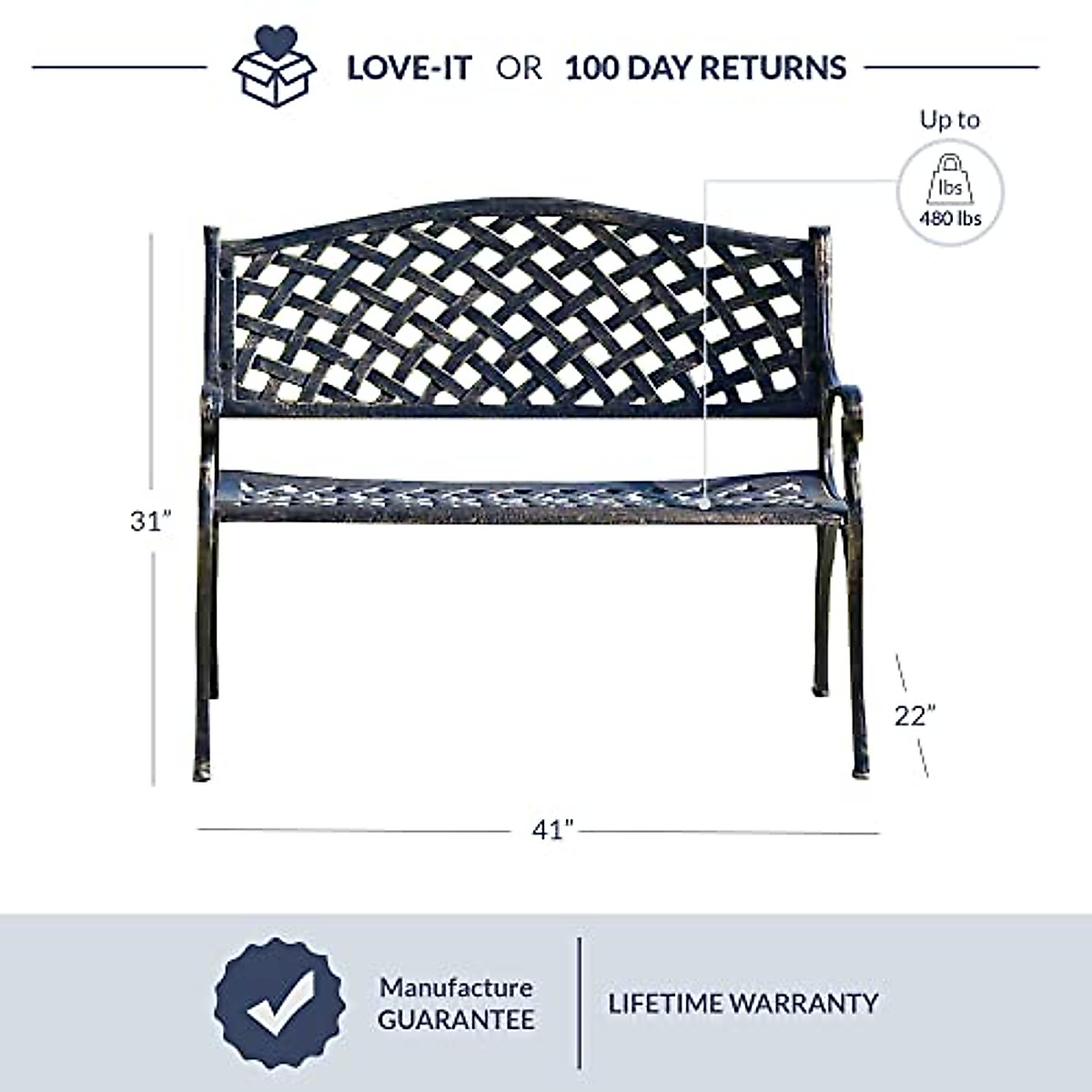 BELLEZE Patio Outdoor Garden Bench, 40 inch Cast Aluminum Loveseat Chairs with Armrests for Park, Yard, Porch, Lawn, Balcony, Backyard, Antique Seat Furniture, Bronze