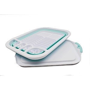 SAMMART 7.5L (2 Gallon) Collapsible Dish Drainer with Drainer Board - Foldable Drying Rack Set - Portable Dinnerware Organizer - Space Saving Kitchen Storage Tray (White/Lake Green, 1)