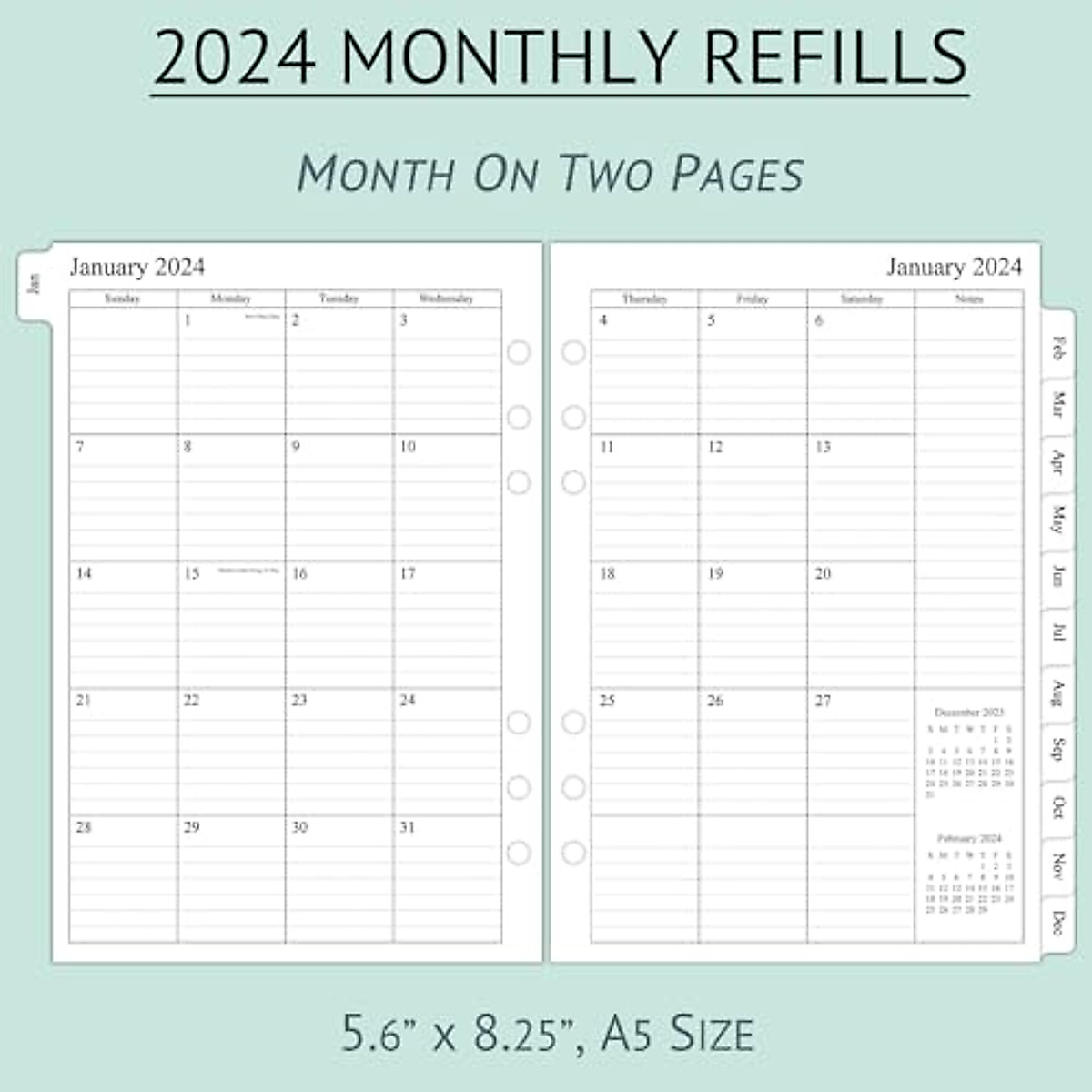 2024 Monthly Planner Refill for A5 Binder, Two Page Per Month, January 2024 - December 2024, 5.6"x8.25", 6-Hole Punched