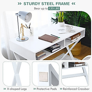 Tangkula White Desk with Storage, Makeup Vanity Table for Bedroom, Multifunctional Study Table with 2 Storage Compartments, Writing Desk for Home Office