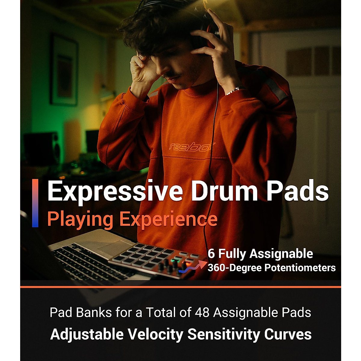Xjam Professional MIDI Pad Controller - Ultra-Portable Aluminum Frame MIDI Drum Pad with 16 Beat Pads and 6 Assignable Knobs, Beat Machine for Melodic Samples, Plug & Play on iPad, iPhone, Mac, PC