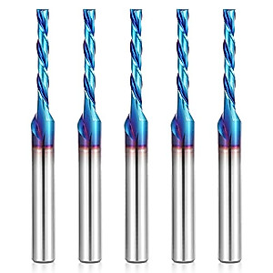 HQMaster 5 Pcs Spiral CNC Router Bits Set Down Cut 1/4” Shank Solid Carbide Spiral Downcut CNC Bits with Nano Blue Coating End Mill for Wood Cut Carving Engraver 1/8" Cutting Dia.